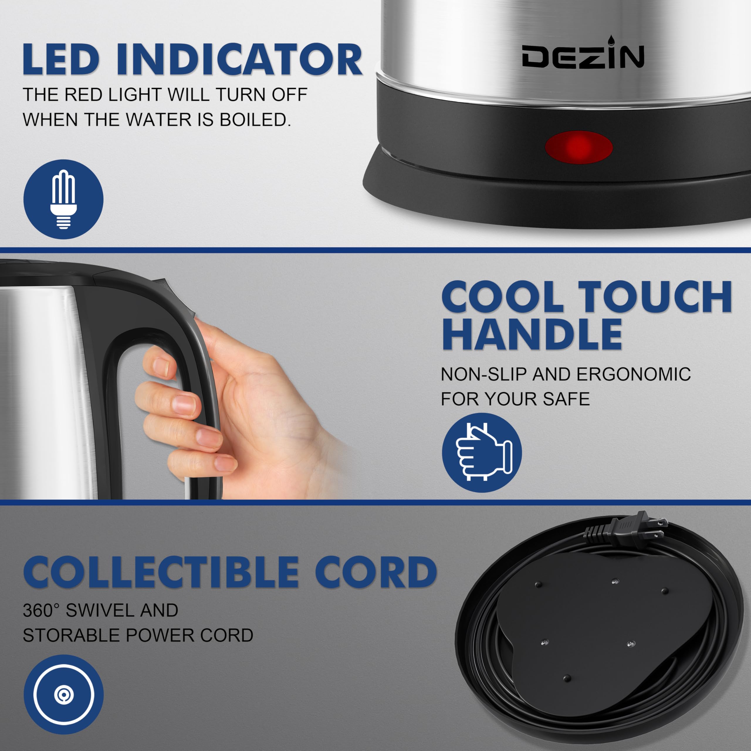 DEZIN Electric Kettle Upgraded, BPA Free 2.5L Stainless Steel Tea Kettle, Fast Boil Water Warmer with Auto Shut Off and Boil Dry Protection Tech for Coffee, Tea, Beverages
