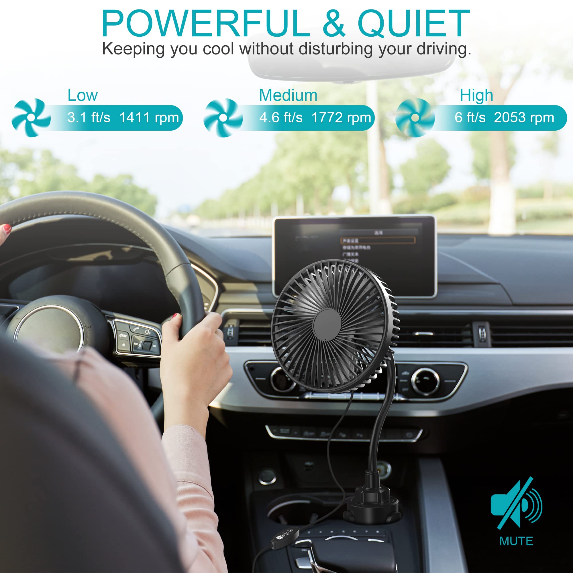 Car Cooling Fan, 6 Inch Slim Air Circulator Fan, 360° Rotation Bendable Gooseneck 3 Speeds USB Powered with Retractable Mounting Cup Base for Car Truck SUV RV Bus