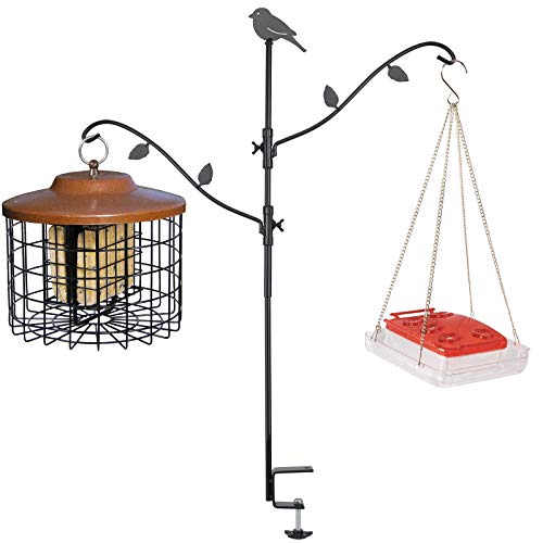 FEED GARDEN Deck Bird Feeder Pole, 42 Inches, Multiple Hooks, Adjustable, Detachable, Heavy Duty Steel, Stable, Black, Porch for Deck Kit for Outside Bird Feeder and Plant Hangers