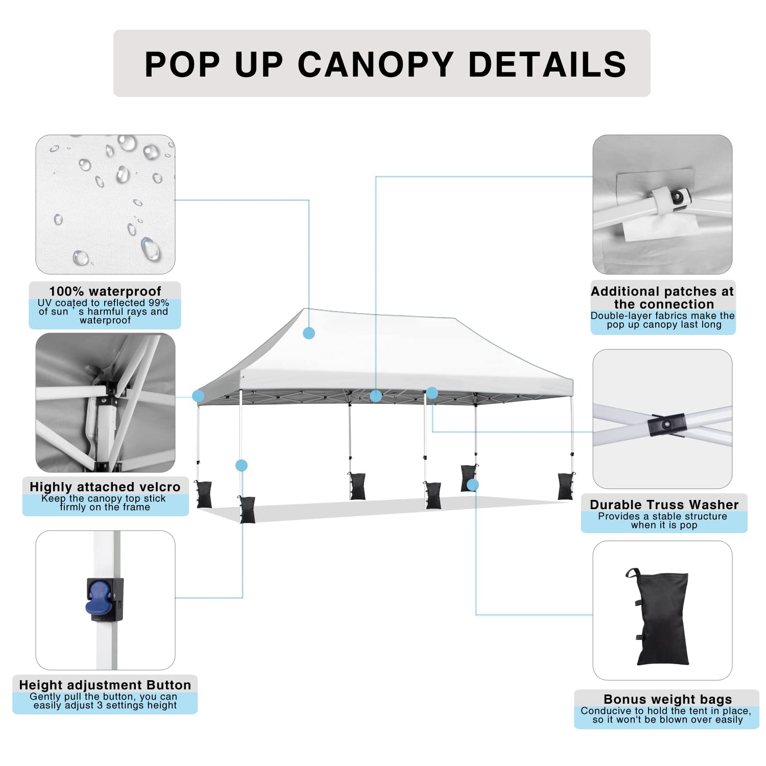 CAJECUS 10' x 20' Pop Up Canopy, Durable Easy Beach Canopy Tent, Waterproof Outdoor Canopy with 3 Adjustable Height, Roller Bag, 6 Sand Bags, 4 Ropes and 8 Stakes