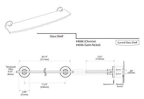 Gatco 4686 Channel Glass Shelf, Chrome/Wall Mounted 20.13" X 5.25" Curved Tempered Glass Shelf for Bathroom