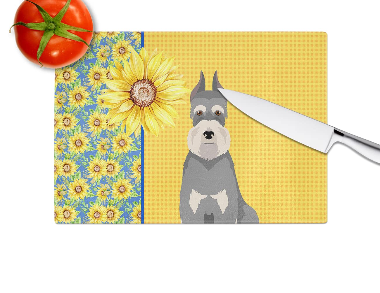 Caroline's Treasures WDK5478LCB Summer Sunflowers Salt Pepper Schnauzer Glass Cutting Board Large Decorative Tempered Glass Kitchen Cutting and Serving Board Large Size Chopping Board