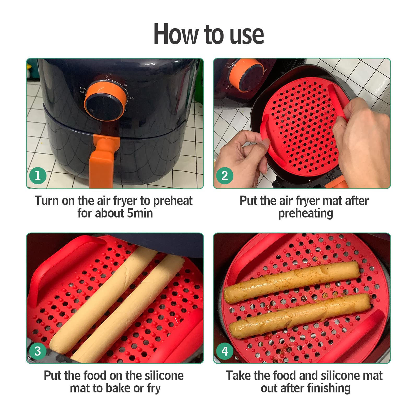 Coolnice air fryer mat - 2 PCS（Small & Large Size）Air fryer silicone liners for counter heat resistant reusable non sticky heat proof pad for kitchen baking accessory cooking utensils (BLACK)