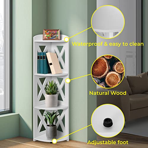 NHZ Corner Shelf Stand, Wood Corner Bookshelf, Corner Bookcase and Plant Stand (White, 4 Tier)
