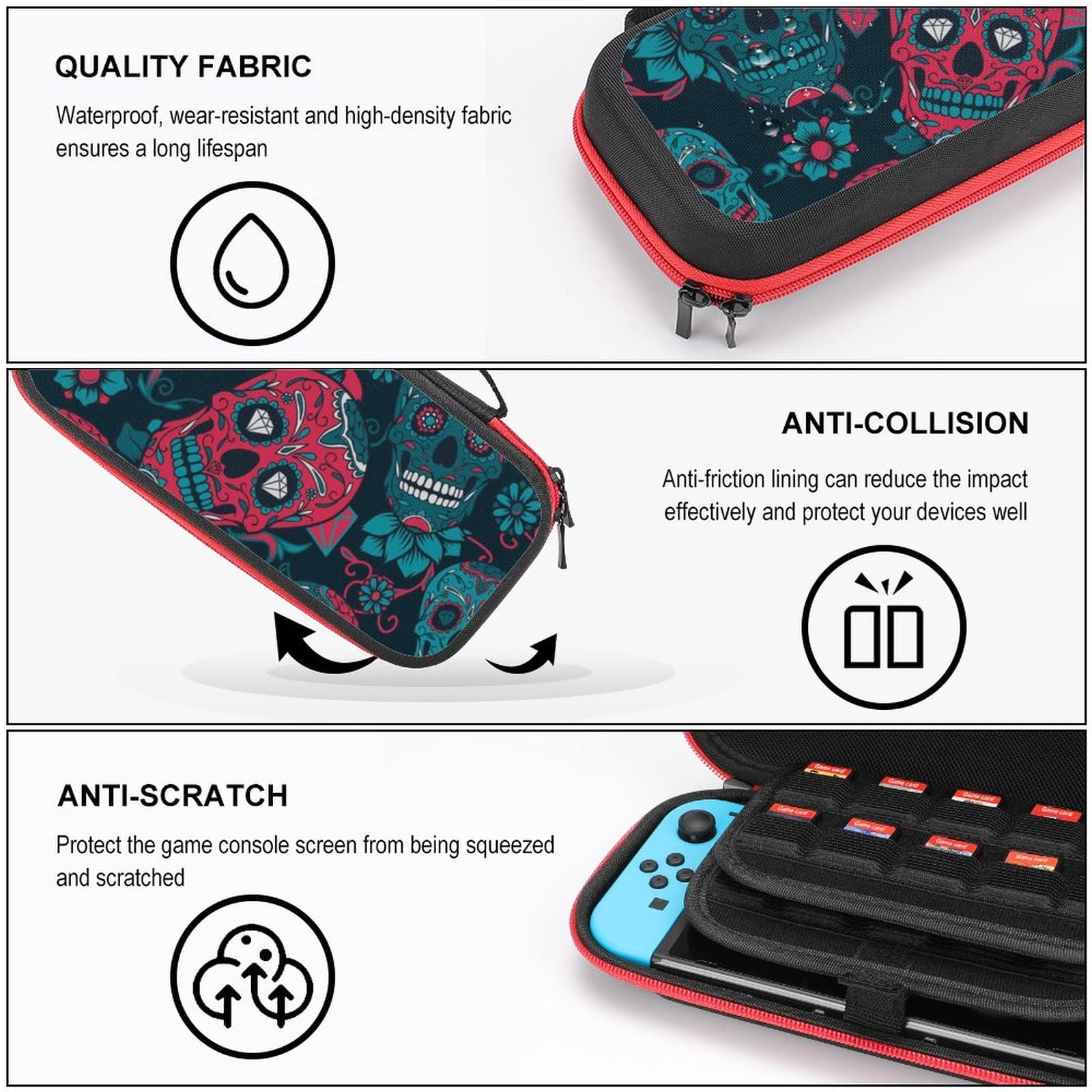 Colorful Sugar Skulls with Floral Switch Carrying Case Protective Hard Shell Portable Travel Pouch with 20 Game Cartridge