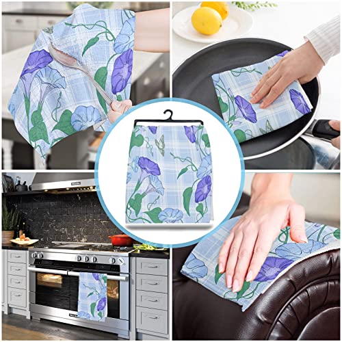 Garden Butterfly Morning Glory Vine Kitchen Cloth Dish Towel 18x28in Pack of 1,Super Soft Absorbent Tea Towels Hand Towel Flower on Blue Lattice Grid Cleaning Dish Cloths for Drying Dishes