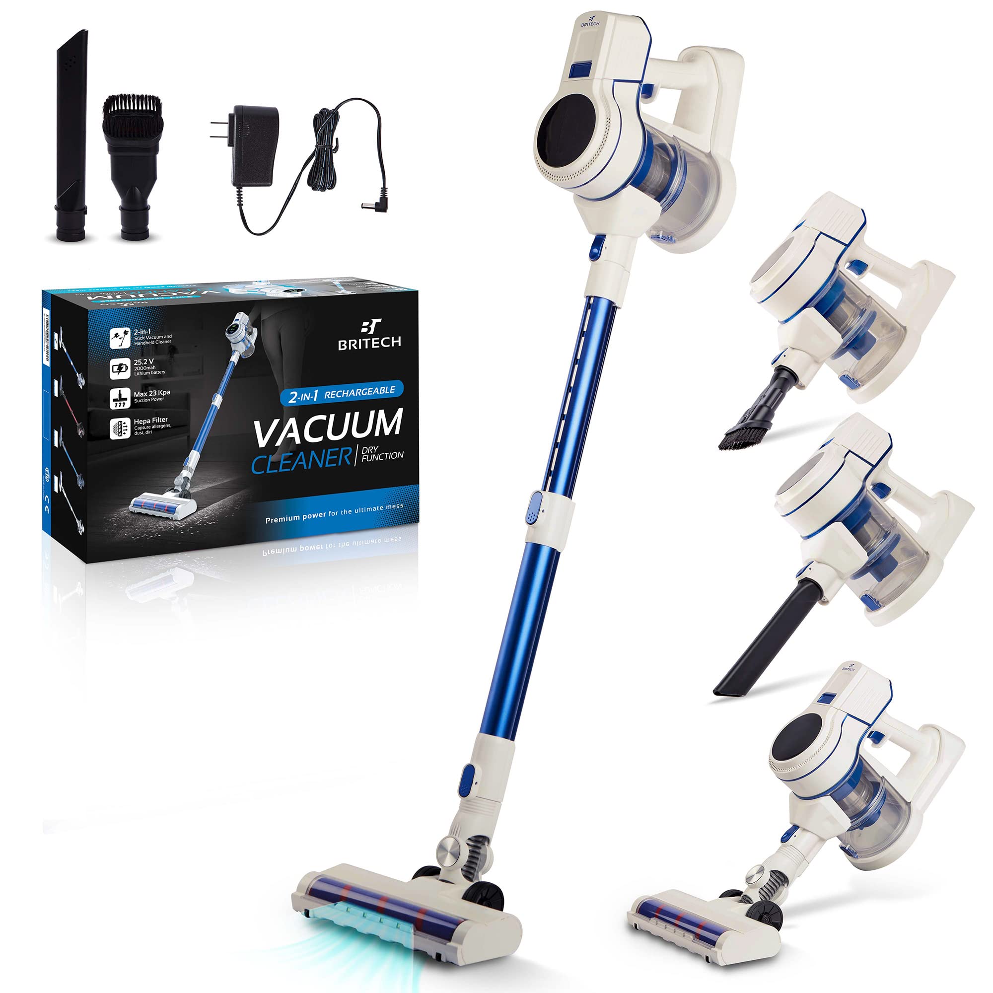 BRITECH Cordless Lightweight Stick Vacuum Cleaner, 250W Motor for Powerful Suction 30min Runtime, LED Display Screen & Headlights, Great for Carpet Cleaner, Hardwood Floor & Pet Hair (White)