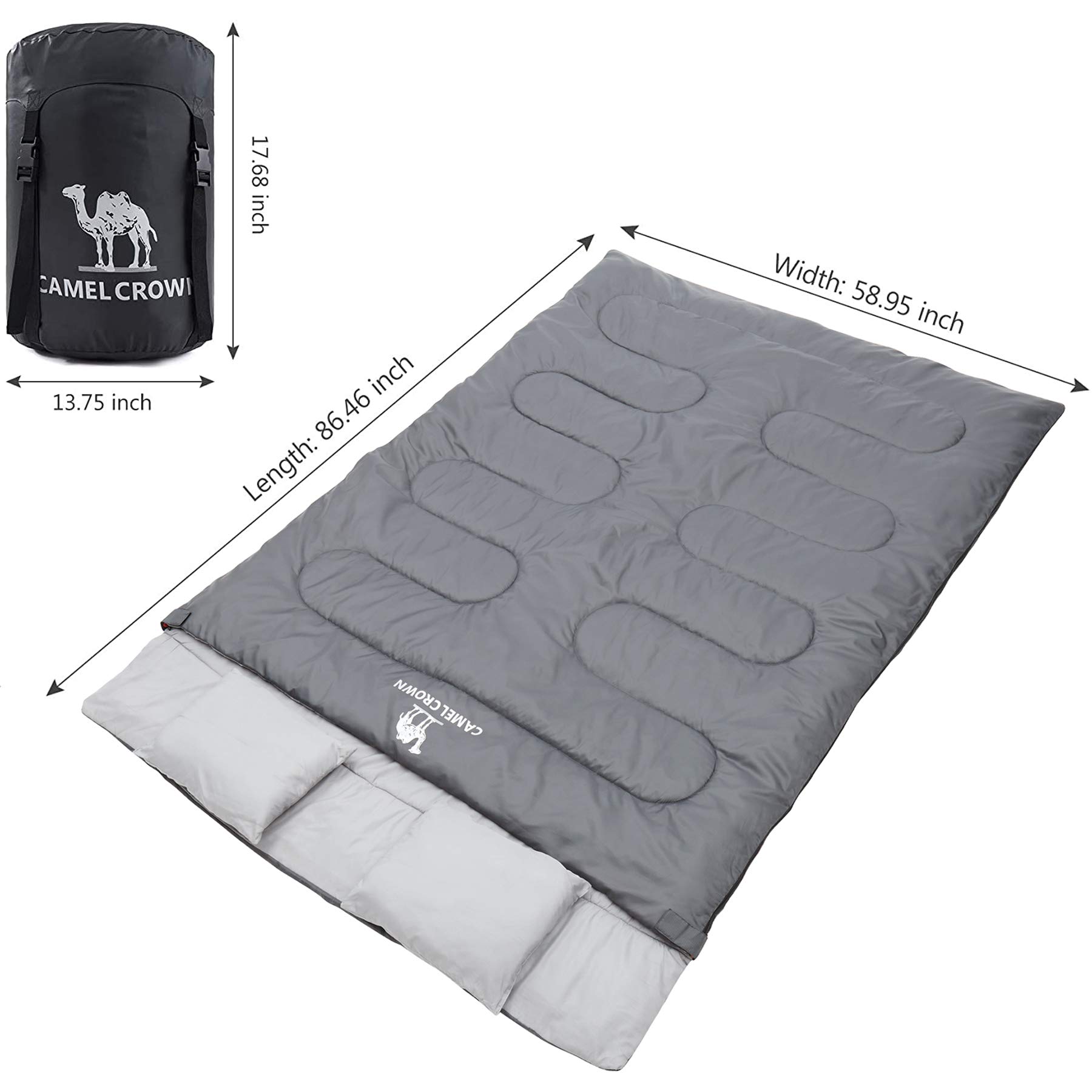 CAMEL CROWN Double Sleeping Bag - 4 Seasons Warm Cold Weather, Portable, Backpacking Hiking Camping Bag with Pillow for Camping & Adventures