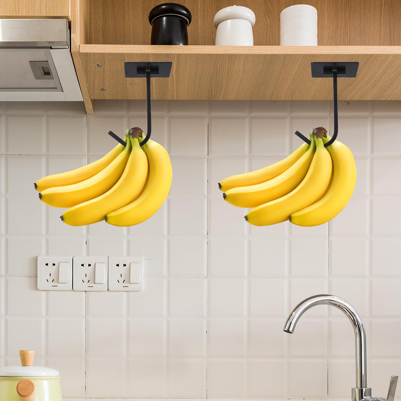 DAJIANG Self Adhesive Banana Hook, Foldable Metal Banana Hanger Hook Under Cabinet to Keep Bananas Fresh, Banana Holder for Bananas or Other Kitchen Items (1)