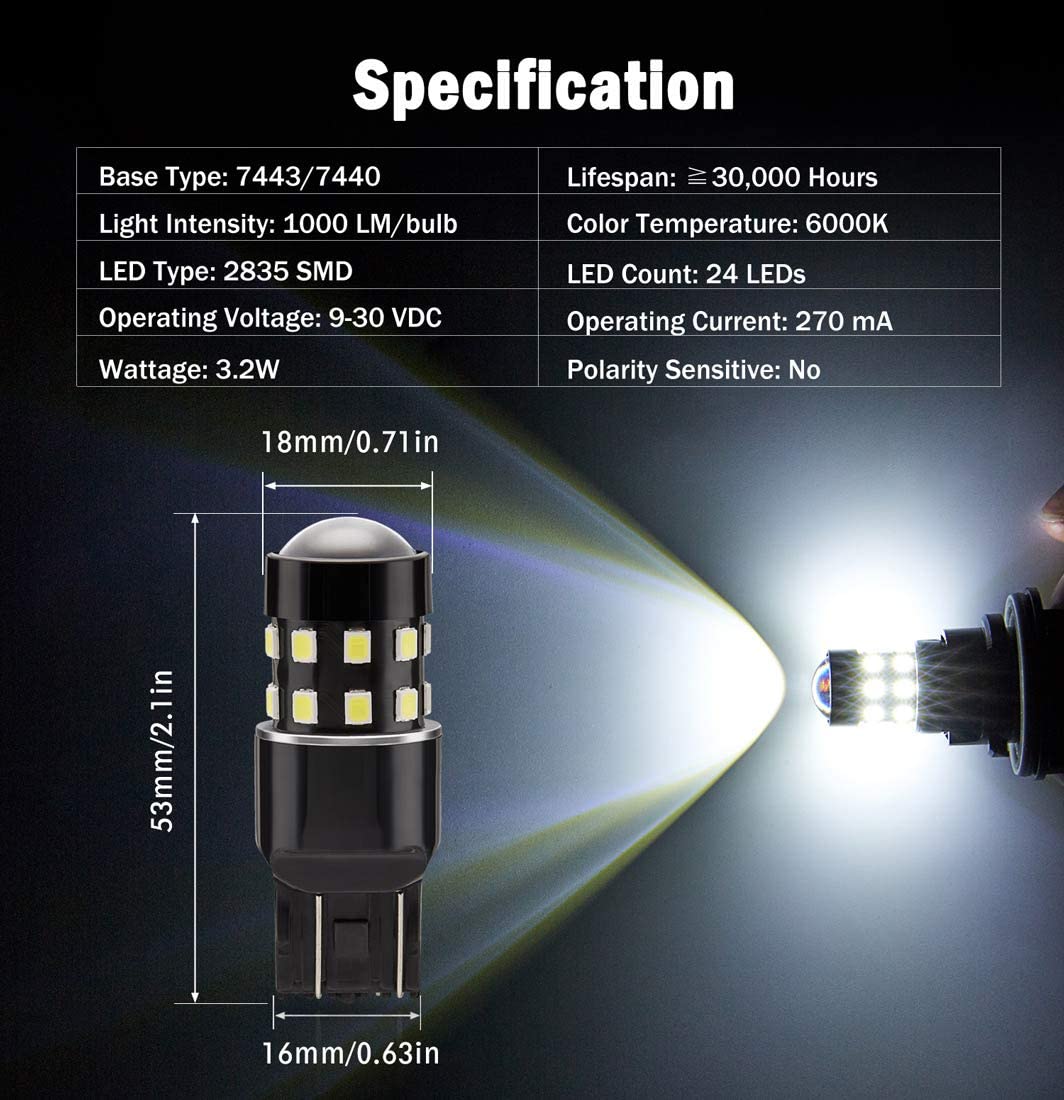 BRISHINE 4-Pack 1000 Lumens Super Bright 7440 7443 7441 7444 W21W LED Bulbs 6000K Xenon White 24-SMD LED Chipsets with Projector for Backup Reverse Lights, Parking Lights, Daytime Running Lights