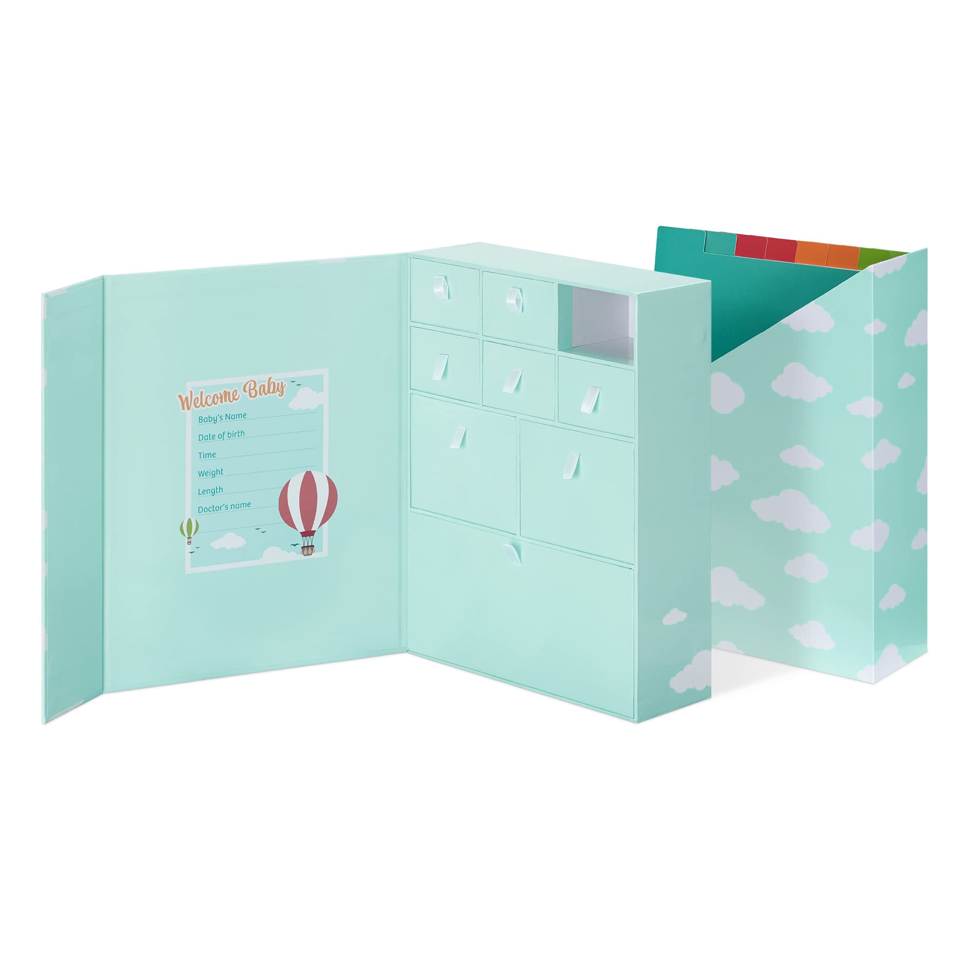 Navaris Baby Keepsake Box - Baby Memory Box for Keepsakes - Storage with 9 Drawer Compartments for Boy or Girl 13" x 10" x 7.1" - Hot Air Balloons