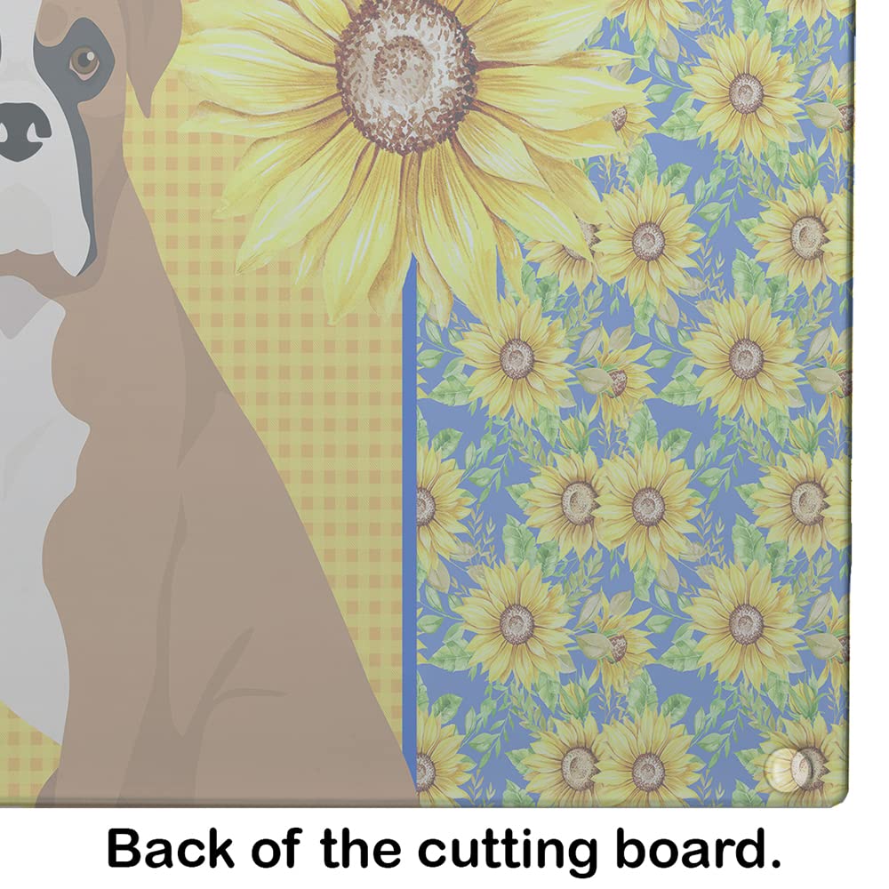 Caroline's Treasures WDK5340LCB Summer Sunflowers Natural Eared Fawn Boxer Glass Cutting Board Large Decorative Tempered Glass Kitchen Cutting and Serving Board Large Size Chopping Board