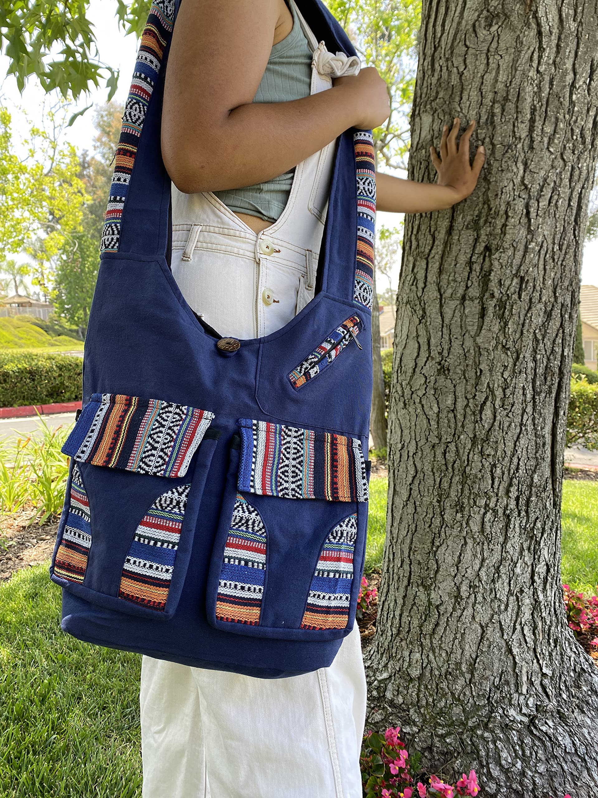 Navy Blue Cross Body Shoulder Bag with Woven Tribal Accent Design Large
