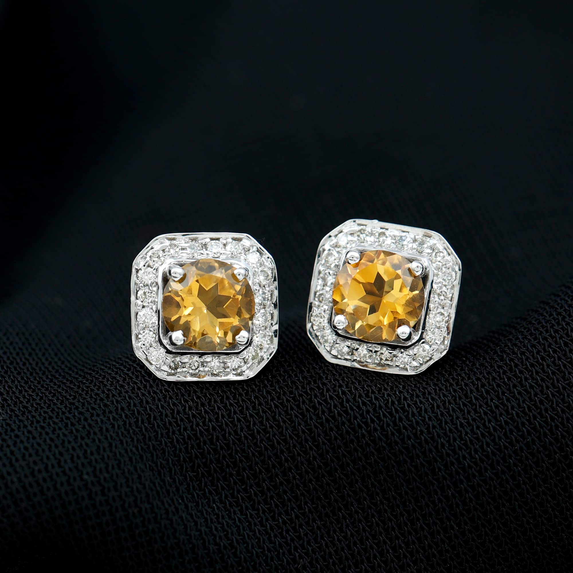 Certified Citrine and Diamond Halo Stud Earrings for Women, 1.25 cttw, Aaa Quality, 14K White Gold
