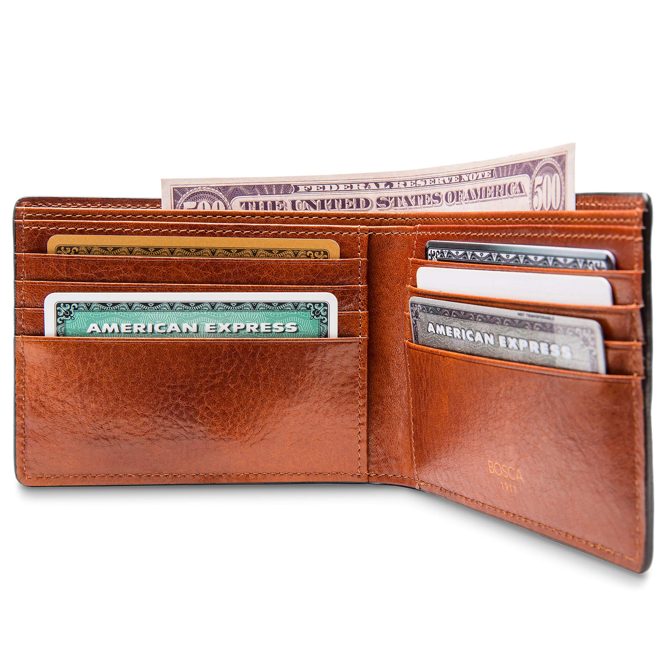Bosca Men's Wallet, Dolce Leather 8-Pocket Deluxe Executive Wallet, Amber