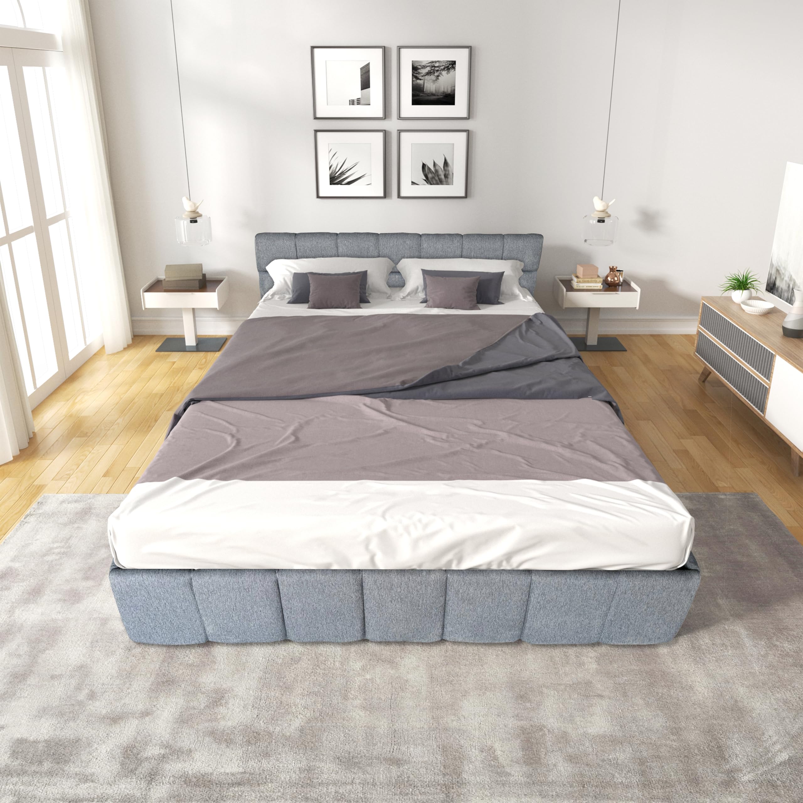DHPM Daybed Full Size with Trundle, Sofa Bed Full Upholstered Tufted with Button on Back and Waved Shape Armrests, Sofa Bed Trundle Daybed with Wood Frame for Bedroom Living Room