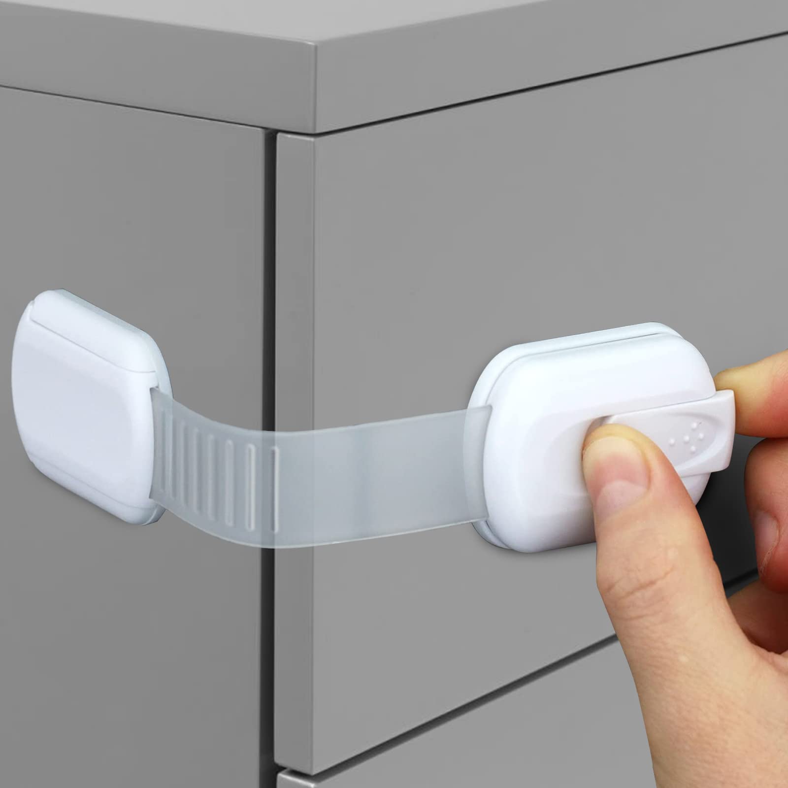 Child Safety Locks (10 Pack White) Baby Locks for Cabinets and Drawers, Toilet, Fridge & More. 3M Adhesive Pads. No Screws & Magnets
