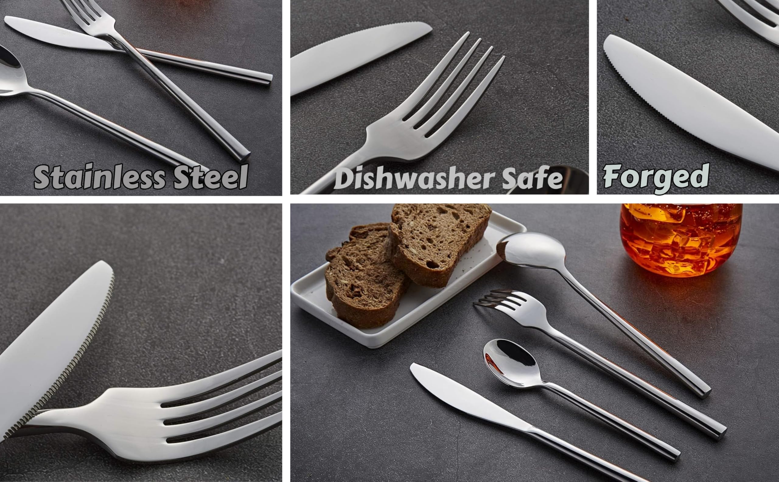Exzact Silverware 24pcs Flatware Forged Stainless Steel - 6 x Forks, 6 x Table Knives, 6 x Tablespoons, 6 x Teaspoons - Service for 6 (24 pcs Hand Forged)