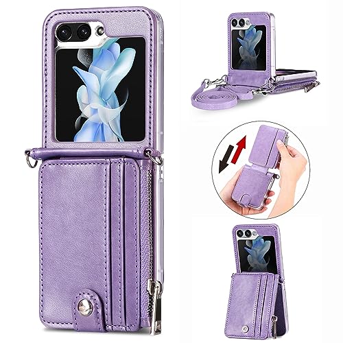 phone flip case 2 in 1 Detachable Wallet Case Compatible with Samsung Galaxy Z Flip 5 Case with Card Holder, Galaxy Z Flip 5 Case with Detachable Strap Crossbody Zipper Pocket Kickstand Compatible wit