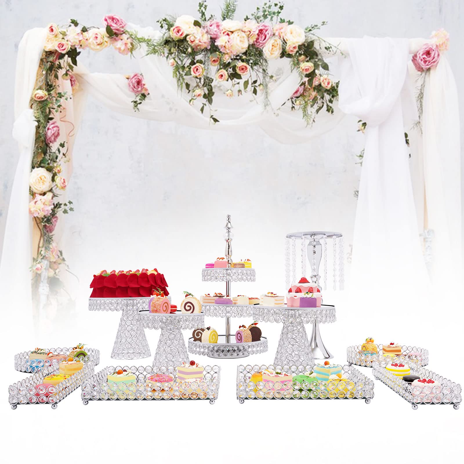 Cake Stand Set, Set of 11 Crystal Cake Stands, Cupcake Holder Stand Dessert Pastry Candy Display Plate, Cake Pop Stand Display Cupcake Tower Treats Contemporary Cakes Candy Station, Silver