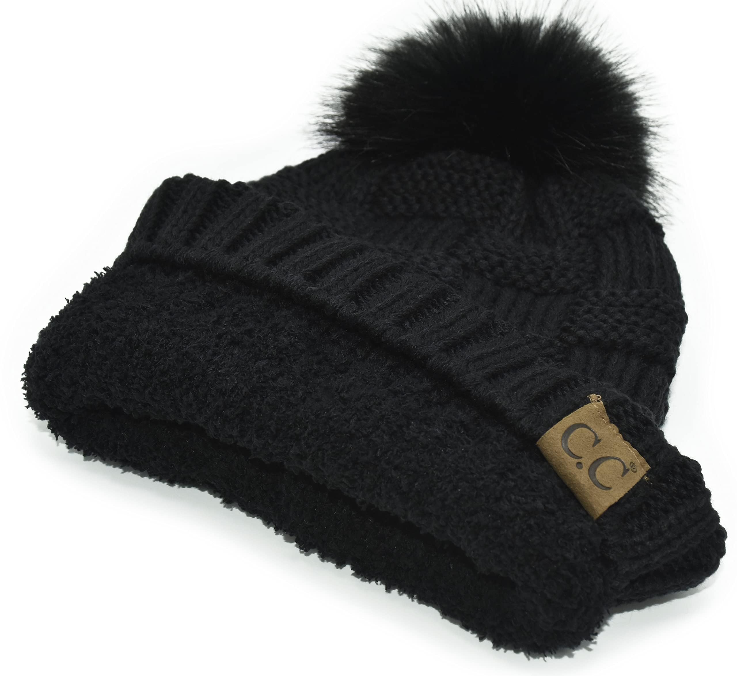 CC Beanie Fleece Lining Double Ribbed Basket Weave Knitted Stretch Pom Beanie Hat