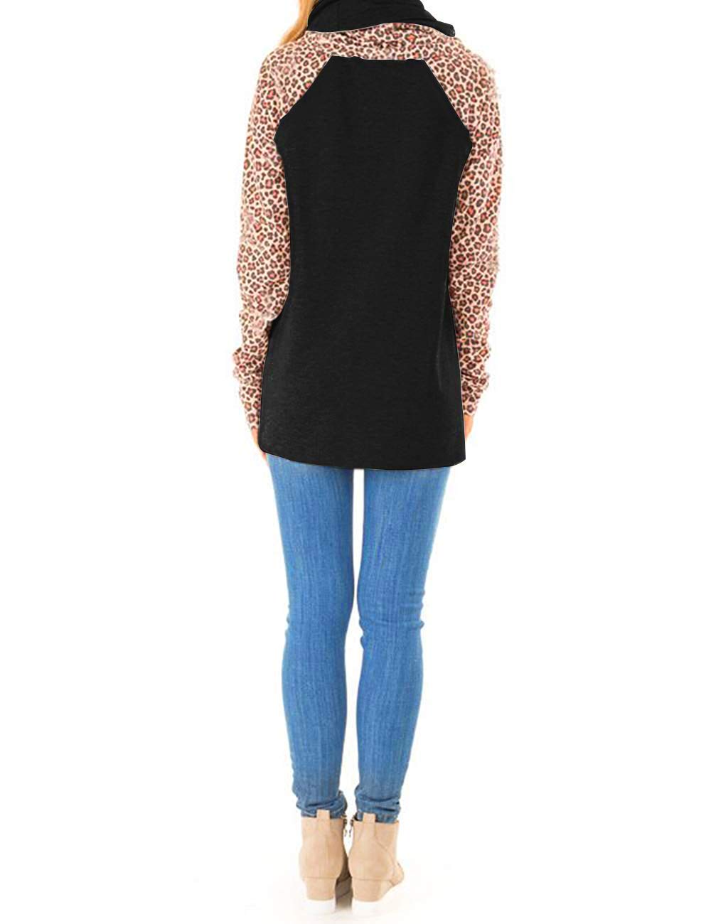 Blivener Women's Casual Sweatshirts Long Sleeve Leopard Print Tops Cowl Neck Raglan Shirts (Black, XL)