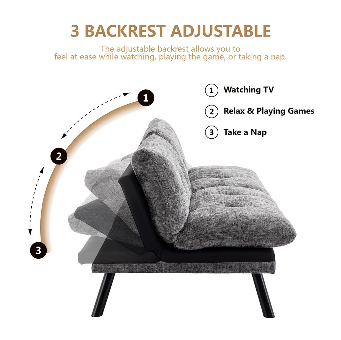 Futon Sofa Bed, Convertible Sleeper Sofa with Adjustable Backrest, Loveseat Futon Bed with Black Metal Legs, Breathable Lounge Couch for Apartment, Studio, Office, Small Space (Grey)