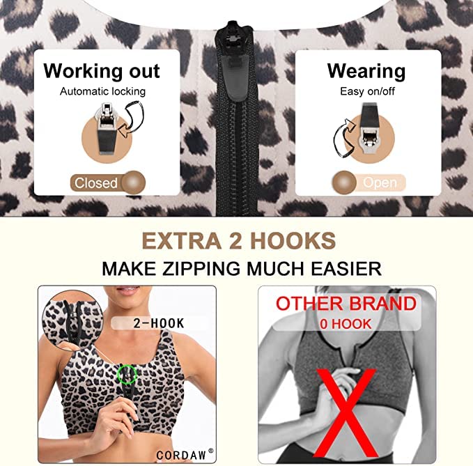Cordaw Women Sports Bra Zipper Front Criss Cross Strappy Back Medium Impact Supportive Zip Up Bra-Leopard XXL