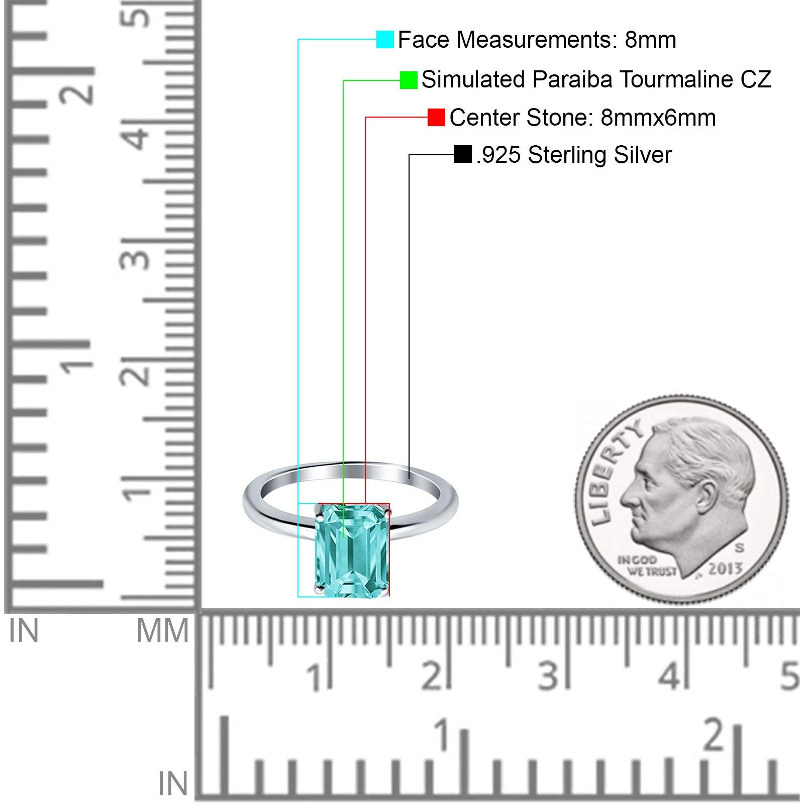 Blue Apple Co. Simulated Paraiba Tourmaline CZ Size-5 Emerald Cut Cathedral Solitaire Wedding Engagement Ring Simulated Cubic Zirconia 925 Sterling Silver Center Stone-(8mmx6mm)