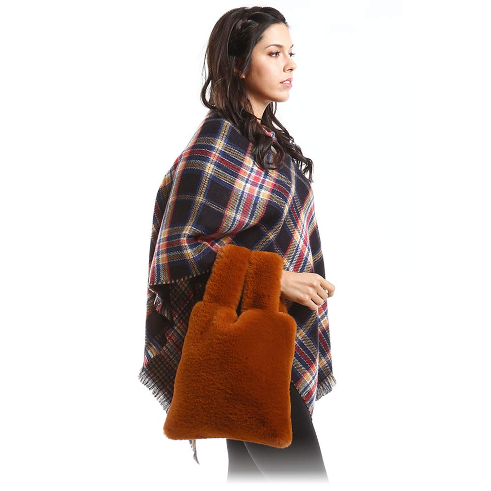Me Plus Soft Faux Fur Pull Through Strap Slouchy Wrist Fashion Tote Bag (Grey)