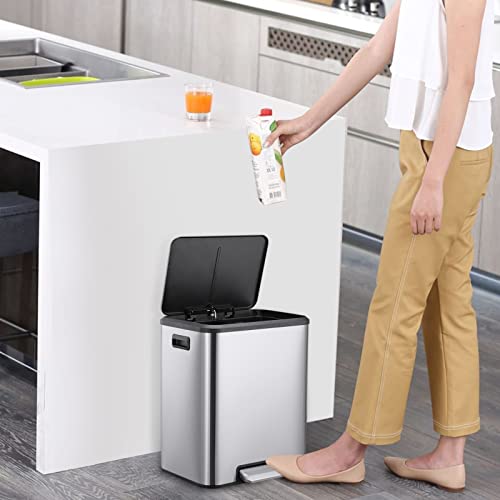 GlowSol Dual Trash Can for Recycling and Trash, 2 x 4 Gallon (30L) Stainless Steel Kitchen Trash Can with Lid and Foot Pedal, Double Compartment Garbage Can, Trash Can with Recycling Bin