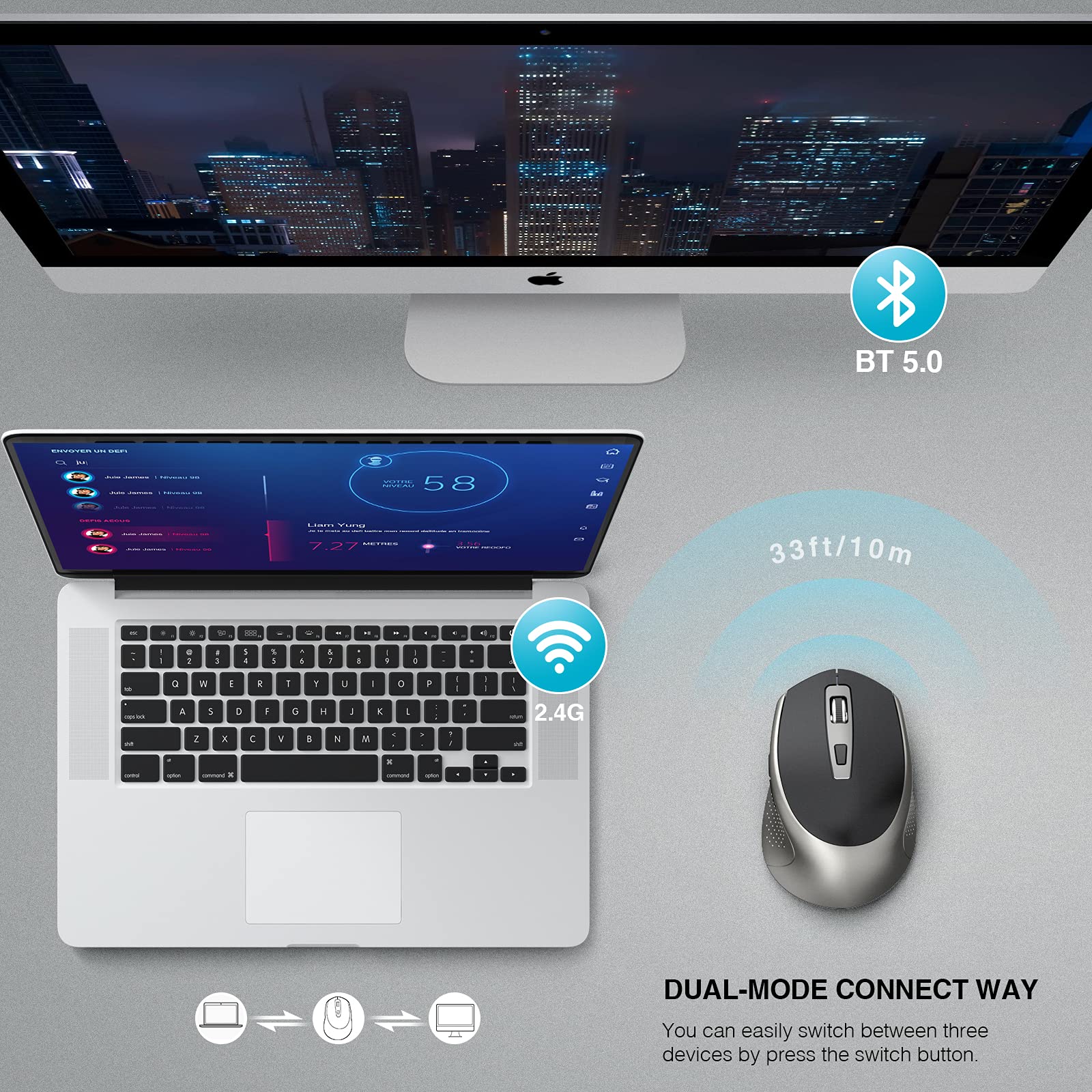 Bluetooth Mouse, J JOYACCESS 2.4G Wireless Bluetooth Mouse Dual Mode(Bluetooth 5.0/3.0+USB), Computer Mice for Laptop/ Computer MacBook/ Windows/ MacOS/ Android - White