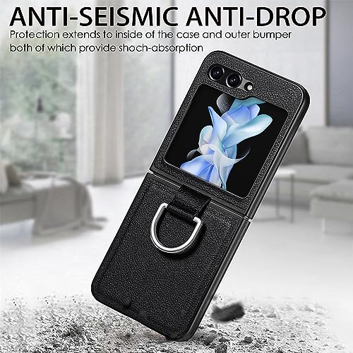 phone protective flip case Case Compatible with Samsung Galaxy Z Flip 5 Case with Ring ,Galaxy Z Flip 5 2023 Premium PU Leather Protective Phone Case Cover ,Slim Thin Protection Wireless Charging Shoc