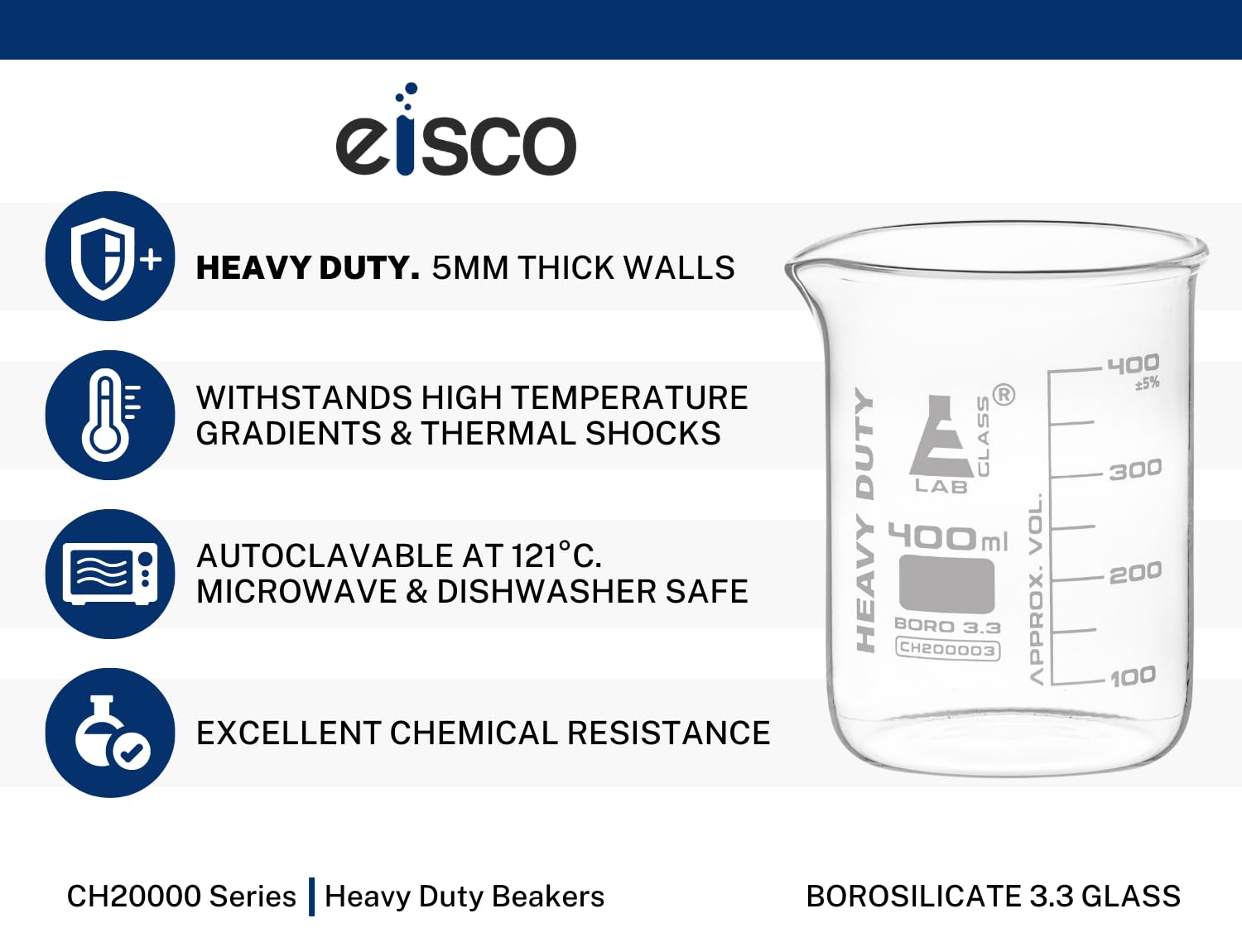 EISCO 6PK Heavy Duty Beakers, 400ml - 5mm Thick, Uniform Walls - Superior Durability & Chemical Resistance - White Graduations - Borosilicate 3.3 Glass