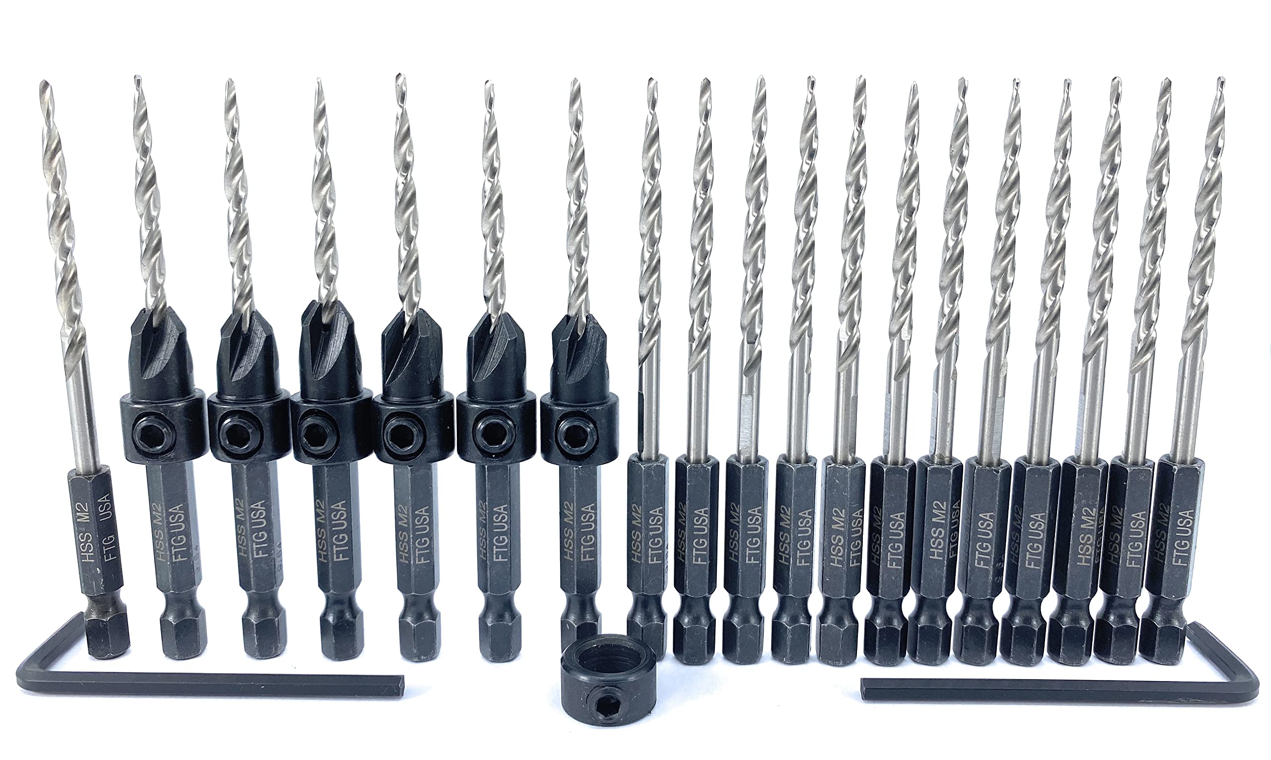 FTG USA Countersink Drill Bit Set 6 Pc #6 (9/64") with 13 Pc Replacement Countersink Drill Bit #6 (9/64") Pro Pack Countersink Set, Tapered Countersink Bit, 1 Stop Collar, 2 Hex Wrench