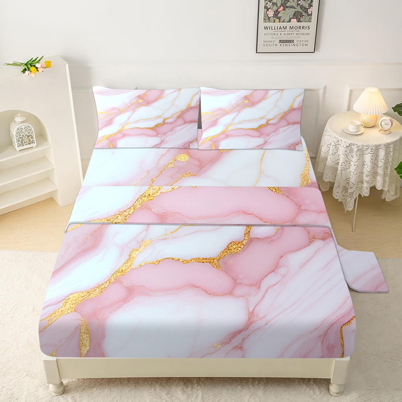FUYEUN Pink Marble Sheets Set Twin Size Aesthetic Marbling Kids Bedding for Girls Teens Bedroom Bed, Chic Fitted Sheets Bedspread Set,1 Flat Sheet 1 Fitted Sheet 1 Pillowcase