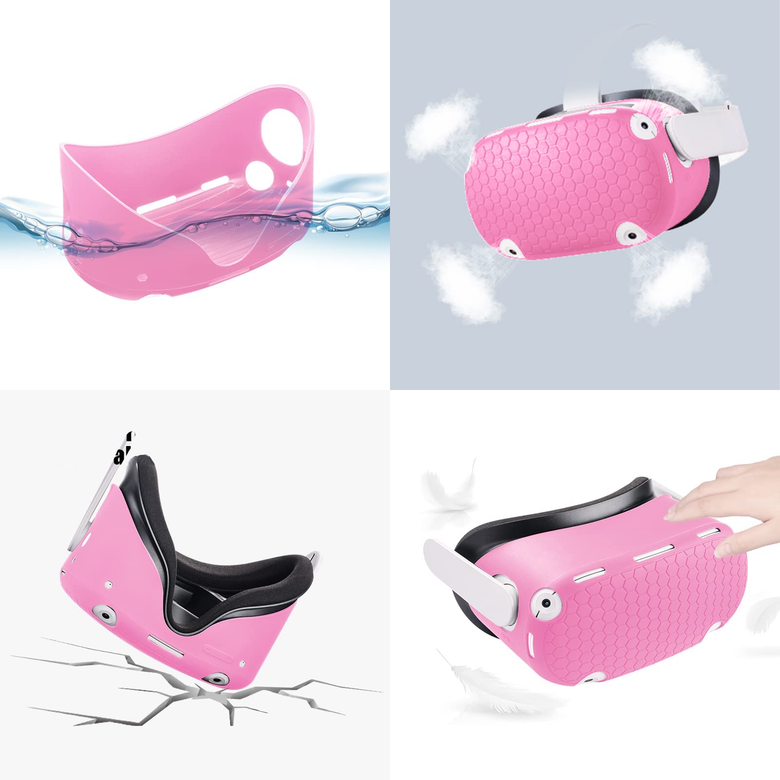 Compatible with Oculus Quest 2 Silicone Case Accessory with VR Case Cover, Silicone VR Face Cover Pad and Touch Controller Grip Cover Compatible with Quest 2, Lens Cover, Eye Mask (Pink)