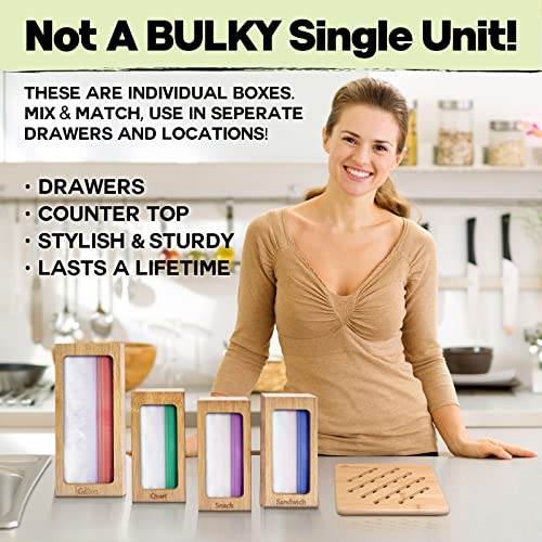 Mainstream Source® Bamboo Zip Bag Organizer Set – Baggie Organizer Set for Snacks and Sandwiches, Holds Quart & Gallon Ziplock Bags, Includes Bamboo Trivet