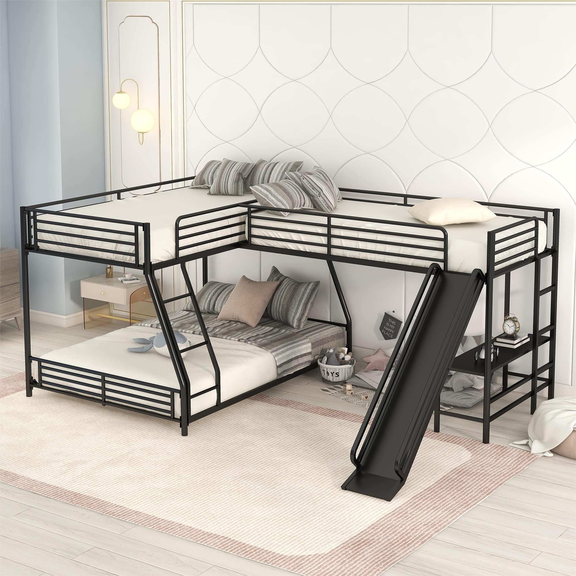 BIADNBZ L-Shaped Twin Size Bunk Bed with Slide for 4, Metal Quad Bedframe w/Ladder for Kids Teens Bedroom Dorm, Black