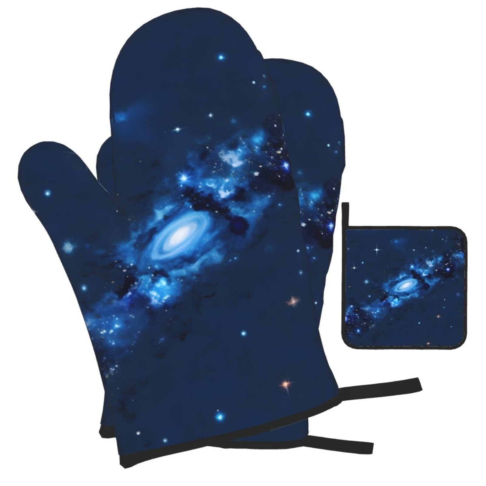 Blue Galaxy Pattern Oven Mitts and Pot Holders Set–Ultimate Heat Resistant Set for Kitchen and Dining