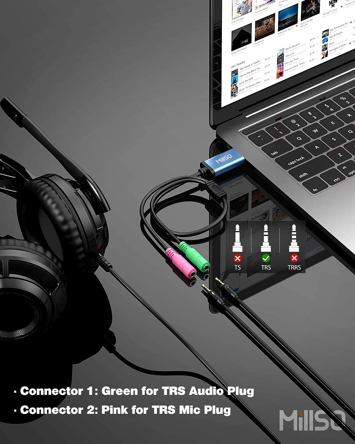 Bundle MillSO Headphone Mic Splitter, 3.5mm Headset Adapter 2 TRS Female to TRRS Male + MillSO USB External Sound Card Audio Adapter, USB to 3.5mm TRS Headphone and Microphone Stereo Jack Splitter