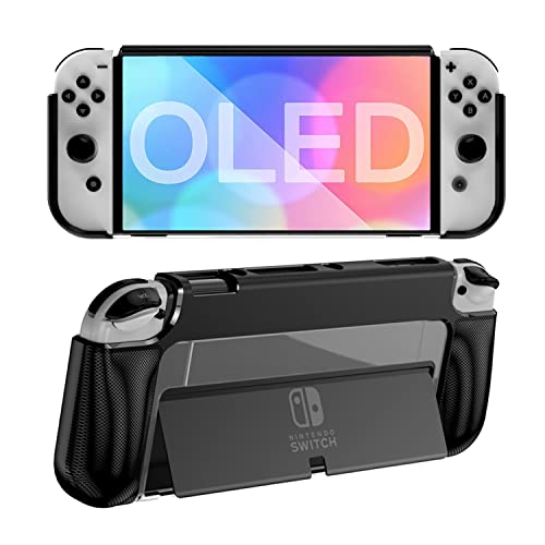 Compatible with Nintendo Switch OLED Model Case, TPU Grip Cover with 2 Game Accessories Holder, Soft PC Back Cutout for Kickstand, Shockproof Dockable Protective Case for New Switch OLED 2021, Black