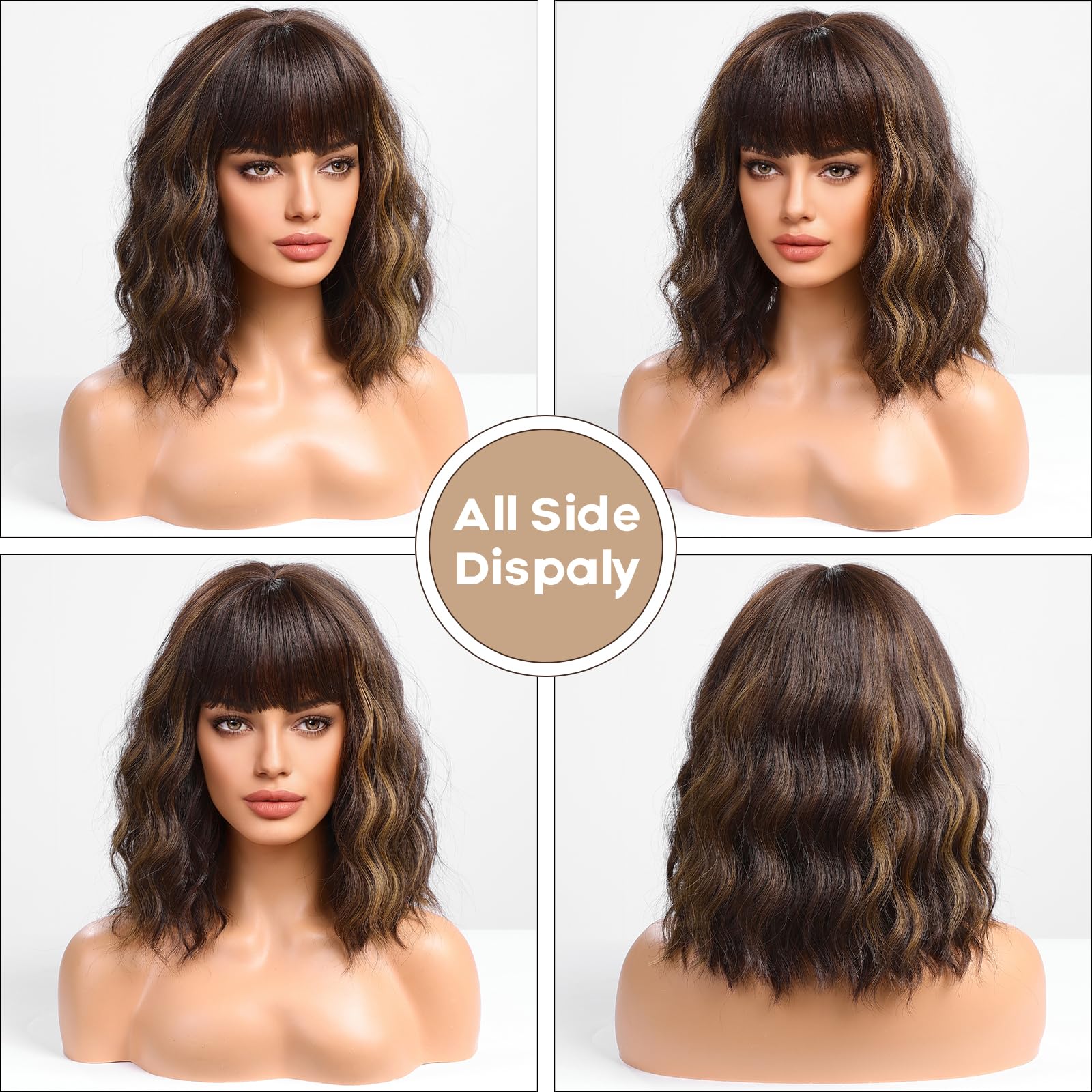 BLONDE UNICORN Brown Wig with Highlight Bob Wigs with Bangs Shoulder Length Wavy Wig Middle Part Hair Wig for Women………