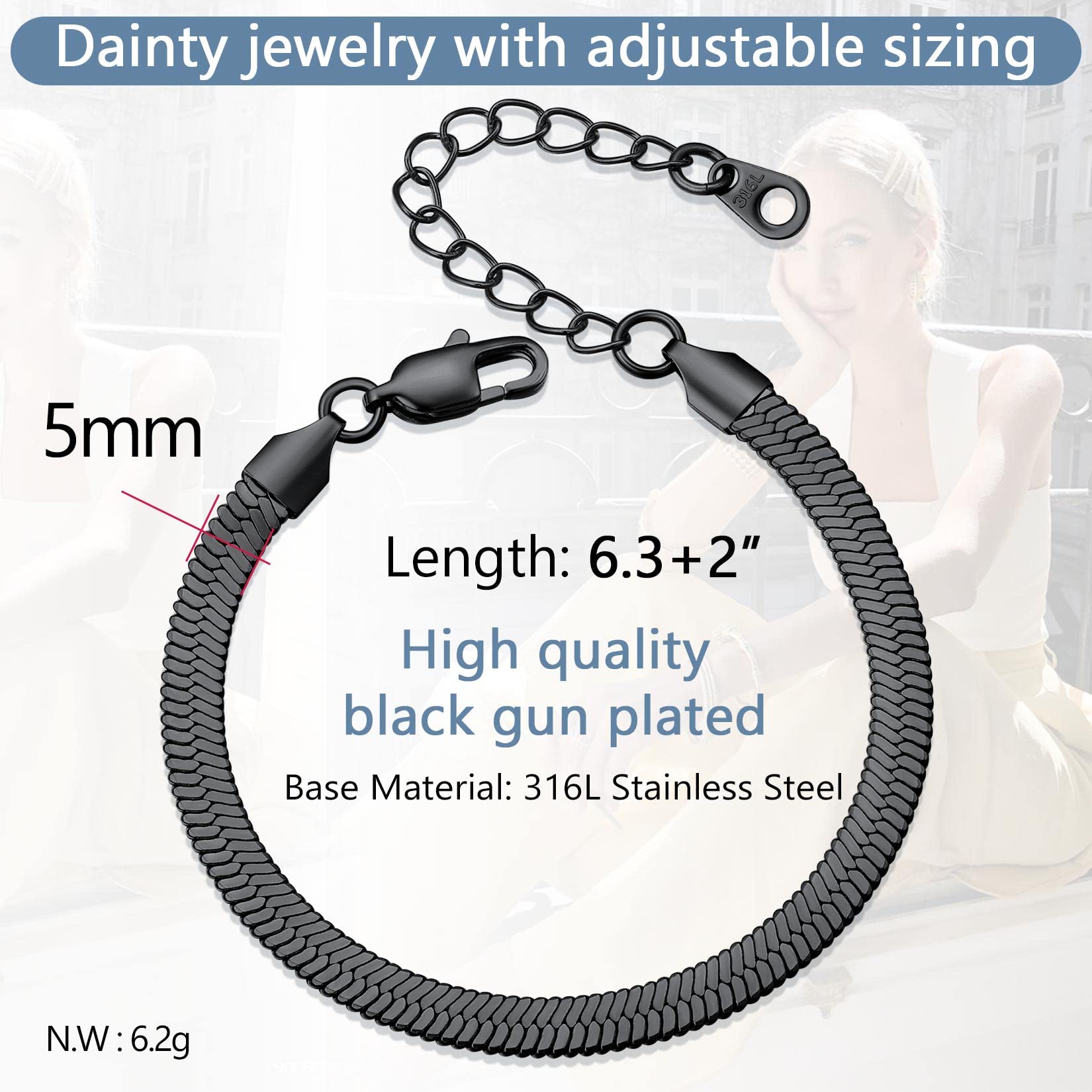 ChainsProMax Stackable Bracelets for Women 5mm Black Delicate Layered Stacked Bracelets