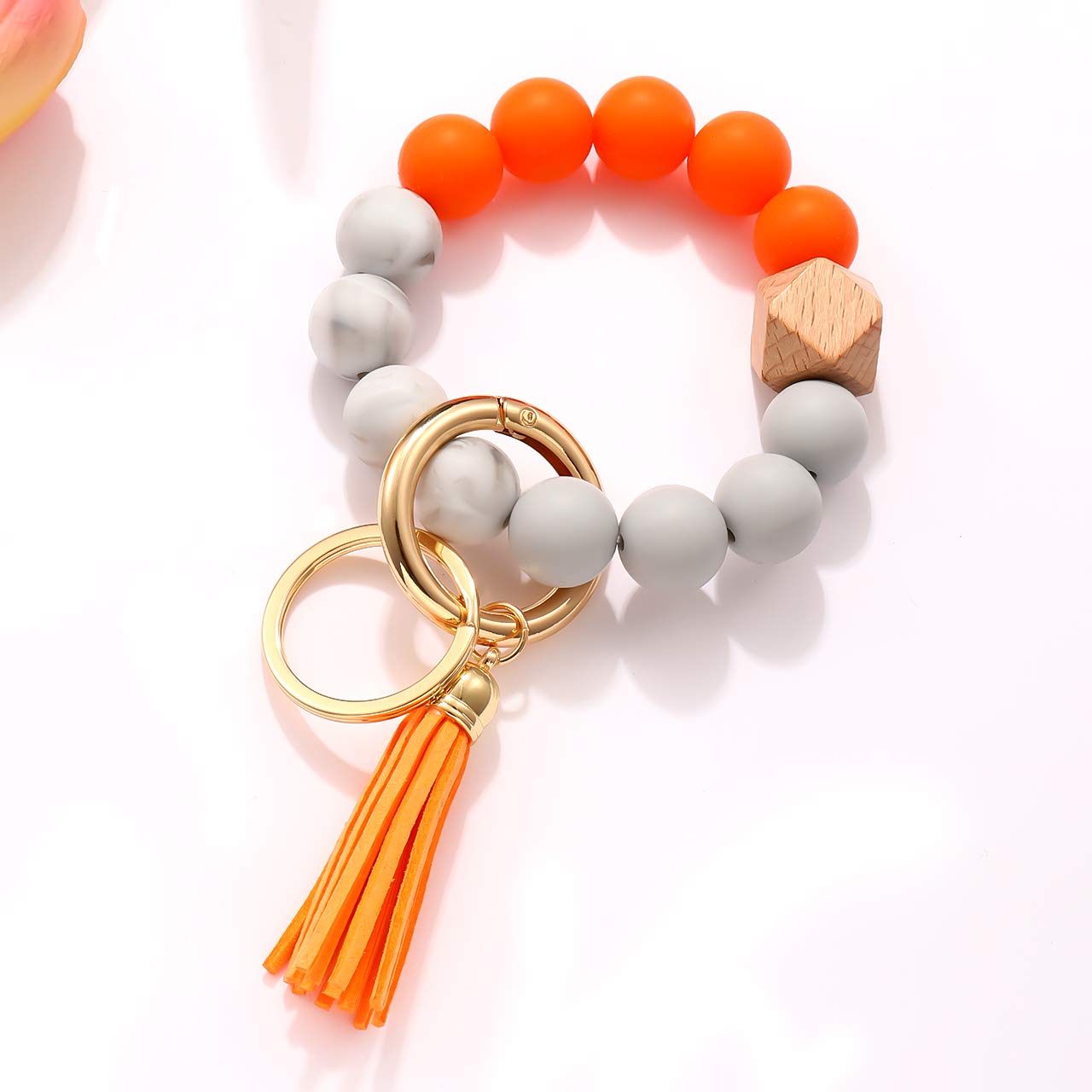 boderier Silicone Bead Key Ring Keychain Bracelet Wristlet Band Bracelet with Tassel Portable House Car Keys Ring Holder (Orange)