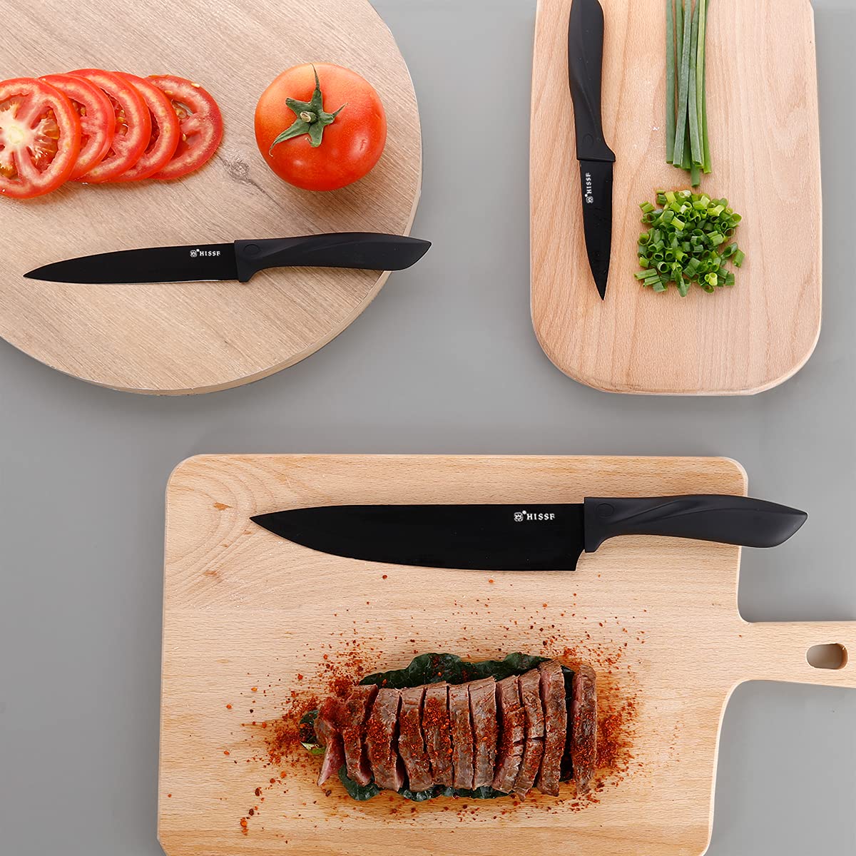 HISSF Chef Knife Set 7 Piece,Black High Carbon Stainless Steel Kitchen Knife Sets with Block Acrylic, Knife Block Set with Knife Sharpener Professional,Non Stick Coating for Rust Proof and Sharp