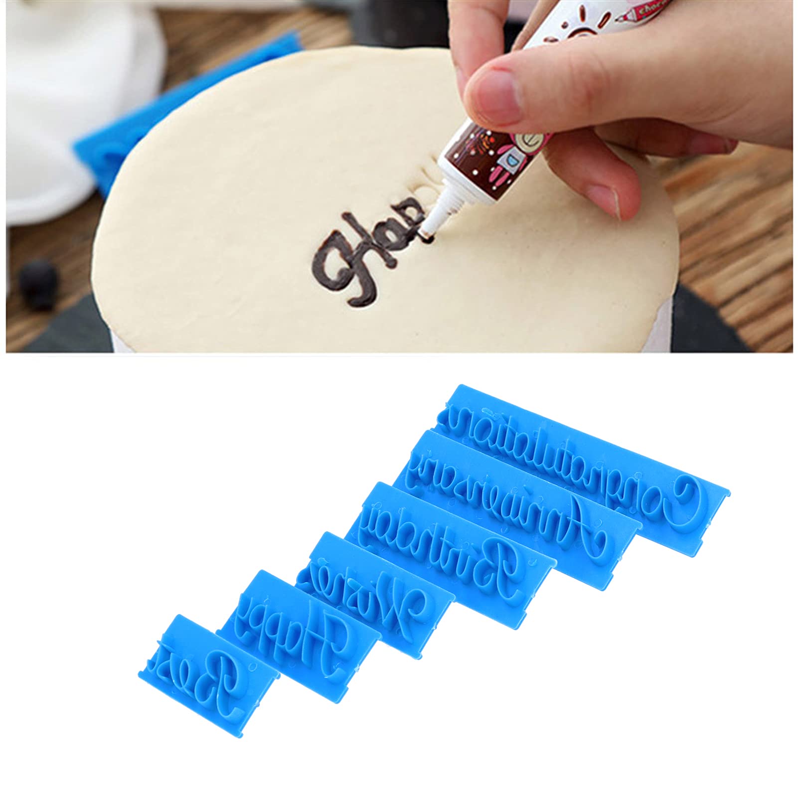 Cake Mold Words Stamp, Cookie Stamps, Words Stamp Happy Birthday Congratulation Anniversary Best Wishes Handwritten Letter Cutter Set Cake Decoration for DIY Cake Cookies Pastry (Blue)