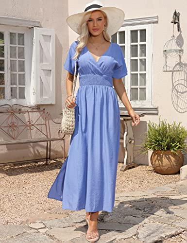 KOJOOIN Womens V Neck Short Sleeve Solid Long Dresses Smocked High Waist Slit Maxi Dress Blue M