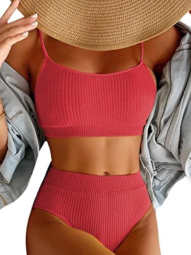 MakeMeChic Women's Ribbed High Waisted Bikini Sets Swimsuit Bathing Suit Watermelon Pink XL