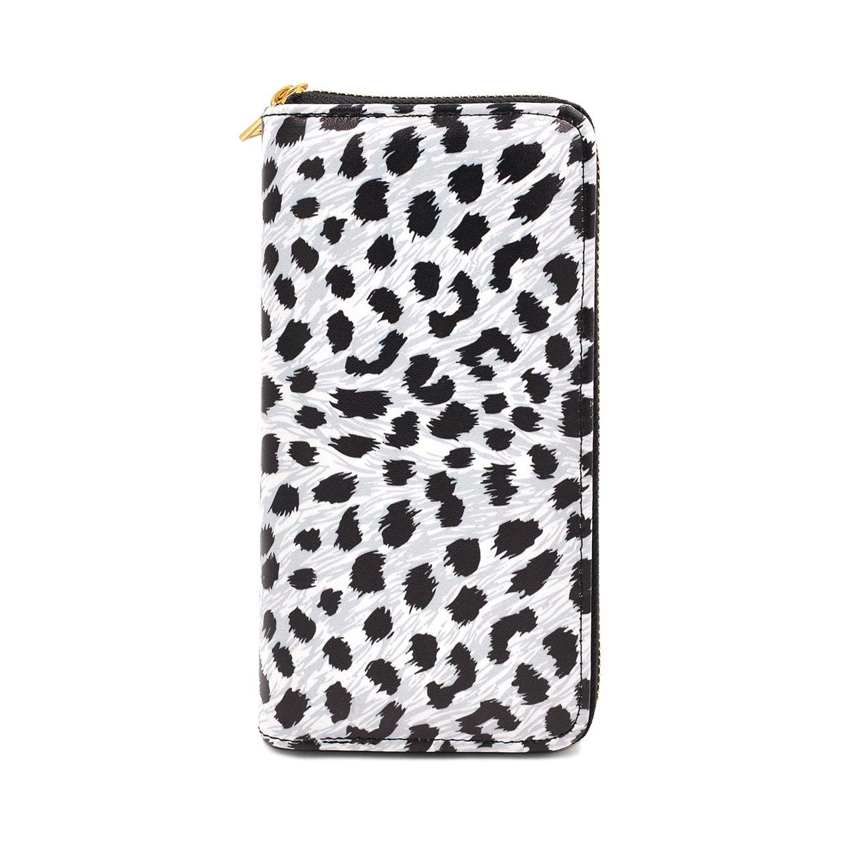 Premium Vegan Leather Animal Print Continental Zip Around Wallet, Grey Leopard